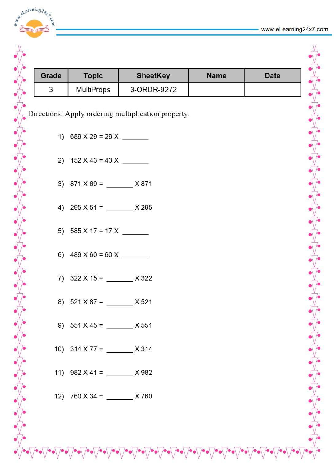 Multiplication Worksheets For Grade 3 - https://eLearning24x7.com