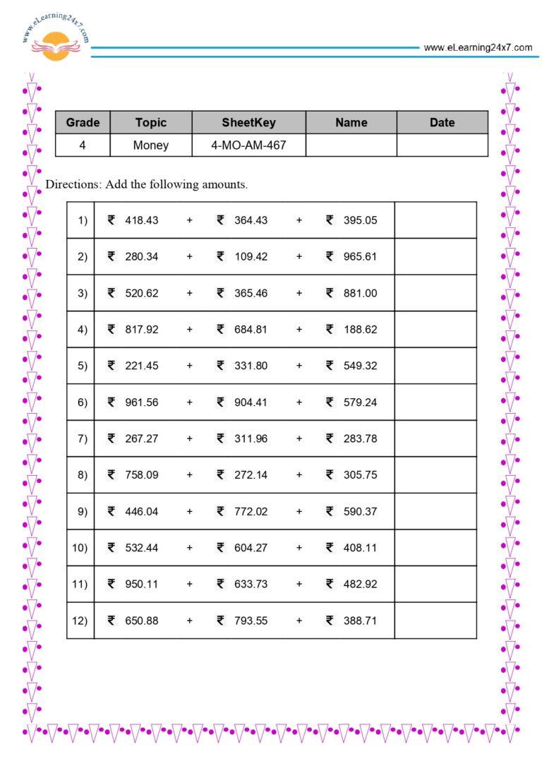 Money Worsheets For Grade 4 - www.eLearning24x7.com