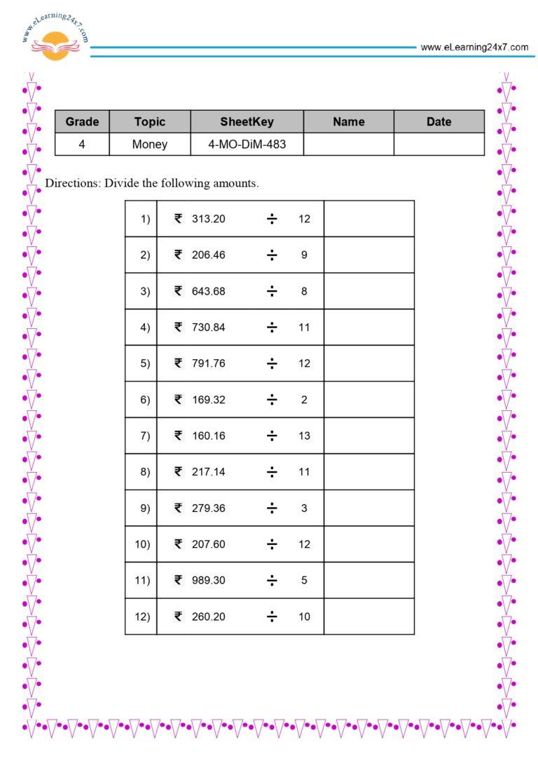 Money Worsheets For Grade 4 - www.eLearning24x7.com