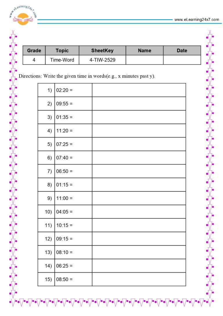 Time Worksheets For Grade 4 - www.eLearning24x7.com