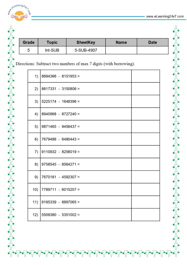 Subtraction Worksheets For Grade 5 - https://eLearning24x7.com