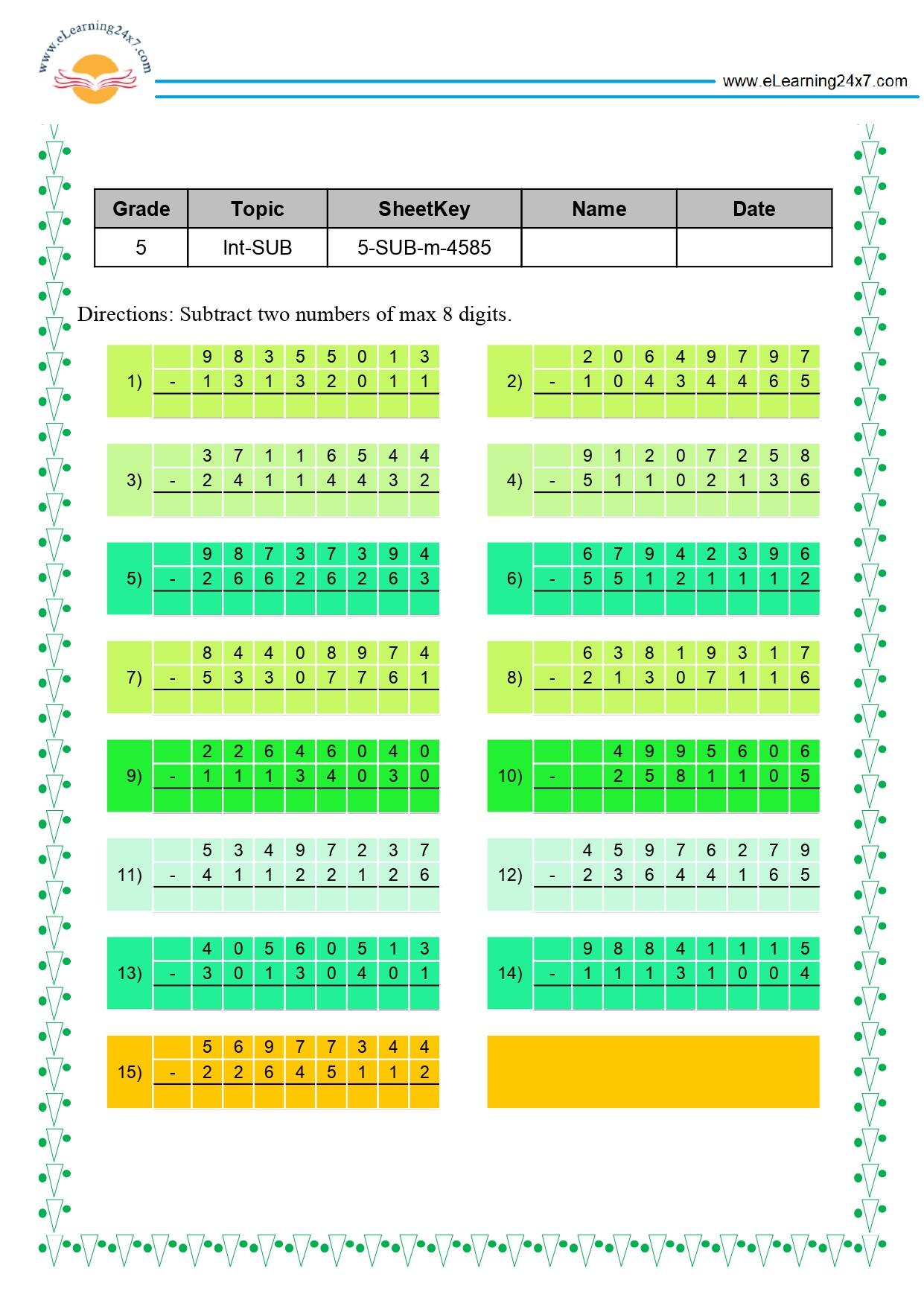 Subtraction Worksheets For Grade 5 - www.eLearning24x7.com