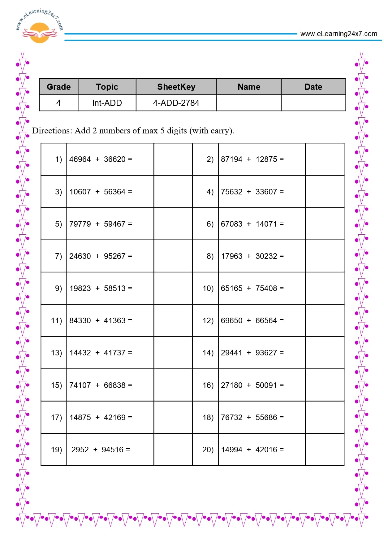 Addition Worksheets For Grade 4 - www.eLearning24x7.com