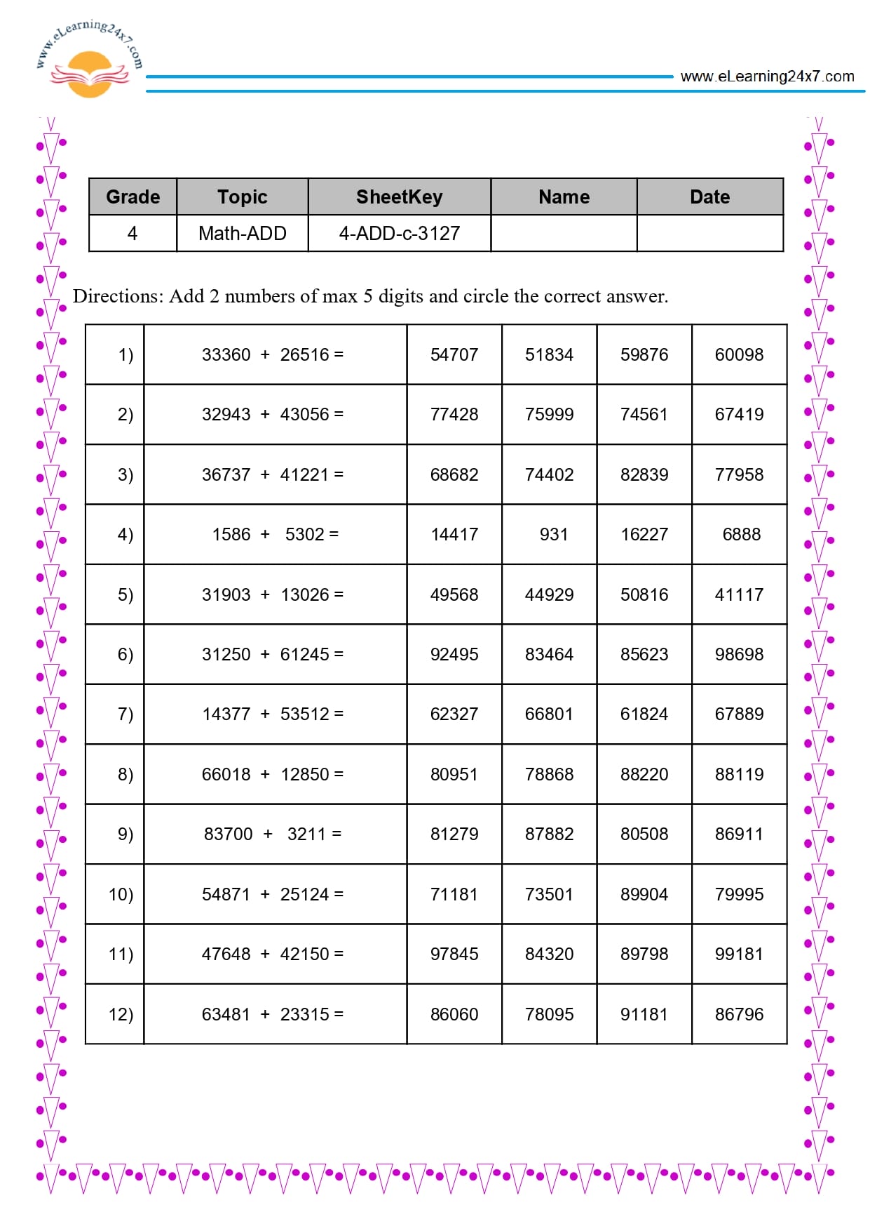 Addition Worksheets For Grade 4 - www.eLearning24x7.com