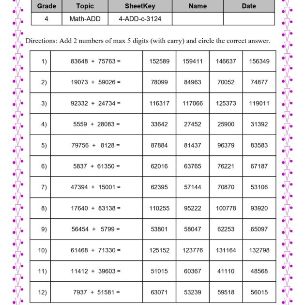 Addition Worksheets For Grade 4 - https://eLearning24x7.com