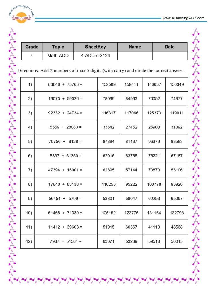 Addition Worksheets For Grade 4 - www.eLearning24x7.com