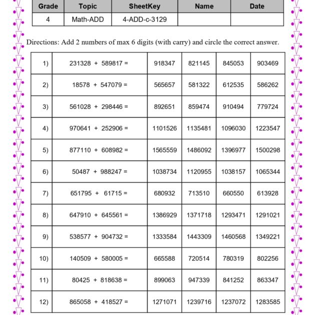 Addition Worksheets For Grade 4 - https://eLearning24x7.com