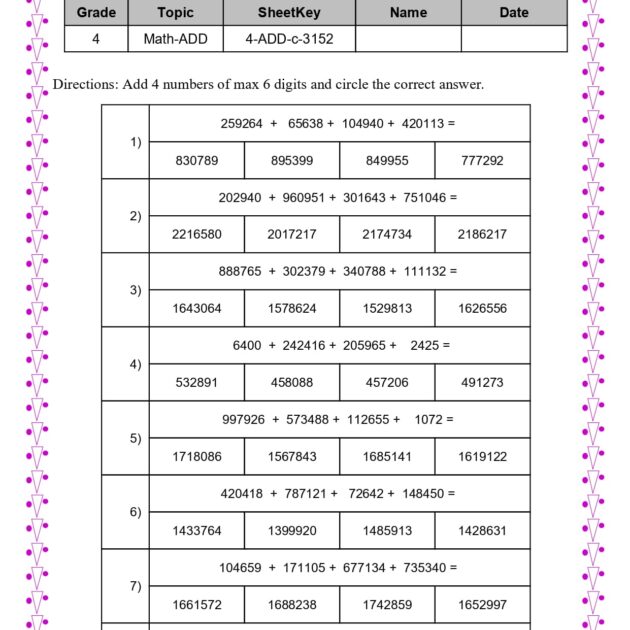 Addition Worksheets For Grade 4 - https://eLearning24x7.com