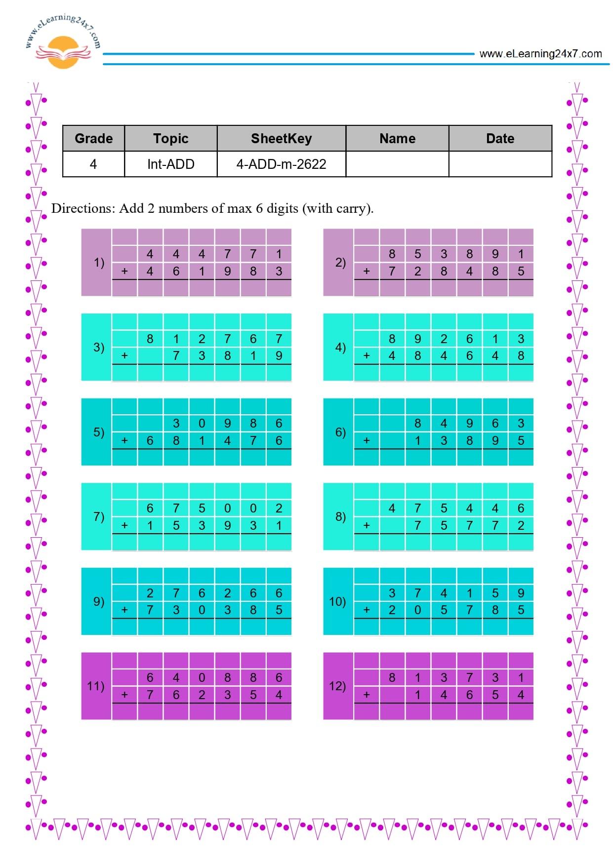 Addition Worksheets For Grade 4 - www.eLearning24x7.com