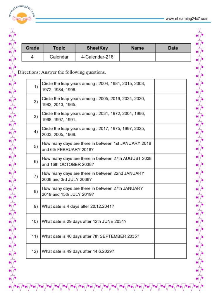Calendar Worksheets For Grade 4 - www.eLearning24x7.com