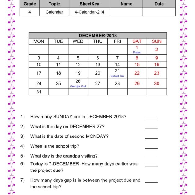 Calendar Worksheets For Grade 4 - https://eLearning24x7.com