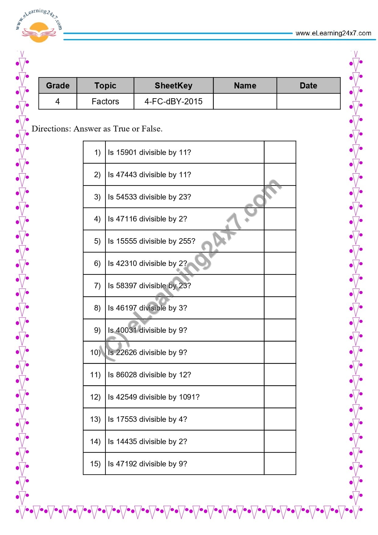 Factors And Multiples Worksheets For Grade 4 - https://eLearning24x7.com