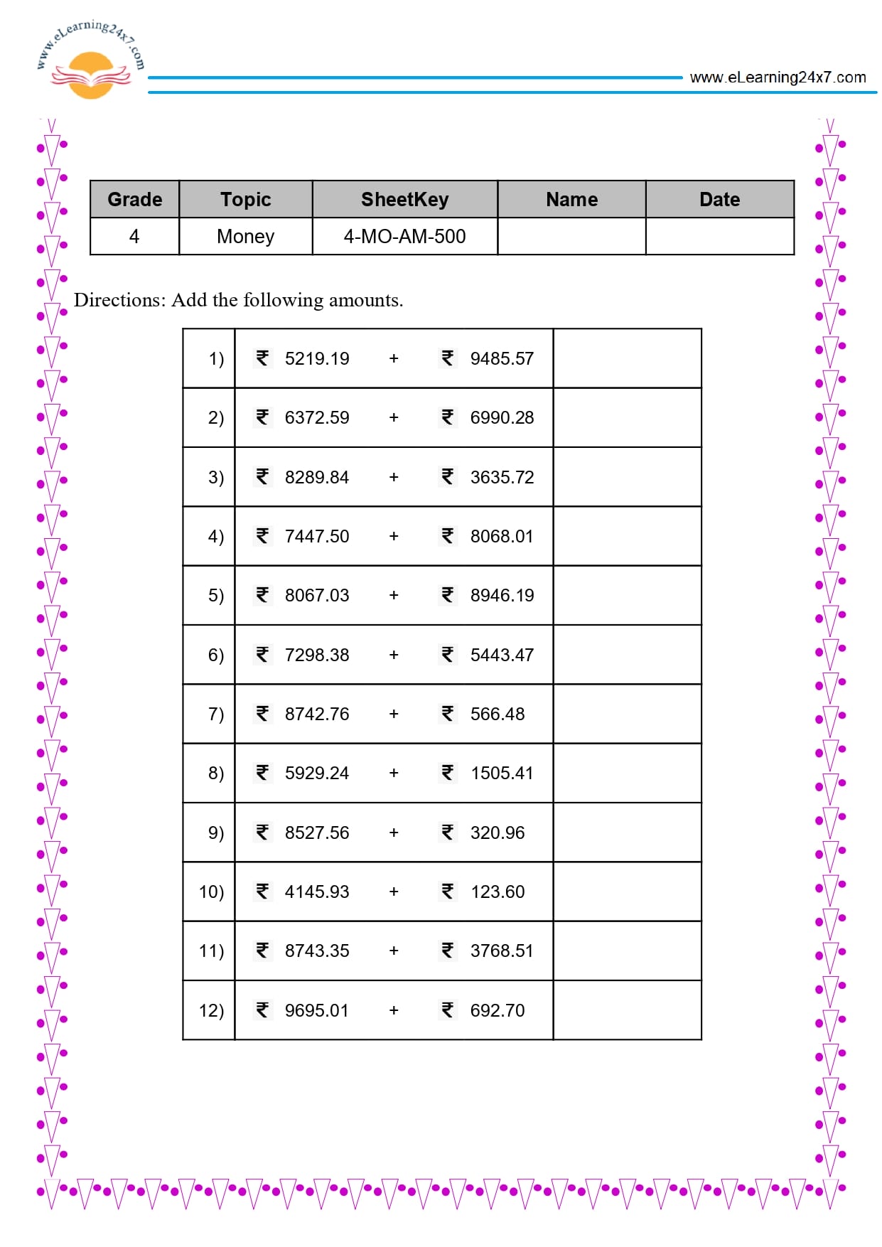 Money Worsheets For Grade 4 - https://eLearning24x7.com