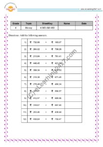Money Worsheets For Grade 4 - https://eLearning24x7.com