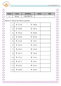 Money Worsheets For Grade 4 - https://eLearning24x7.com
