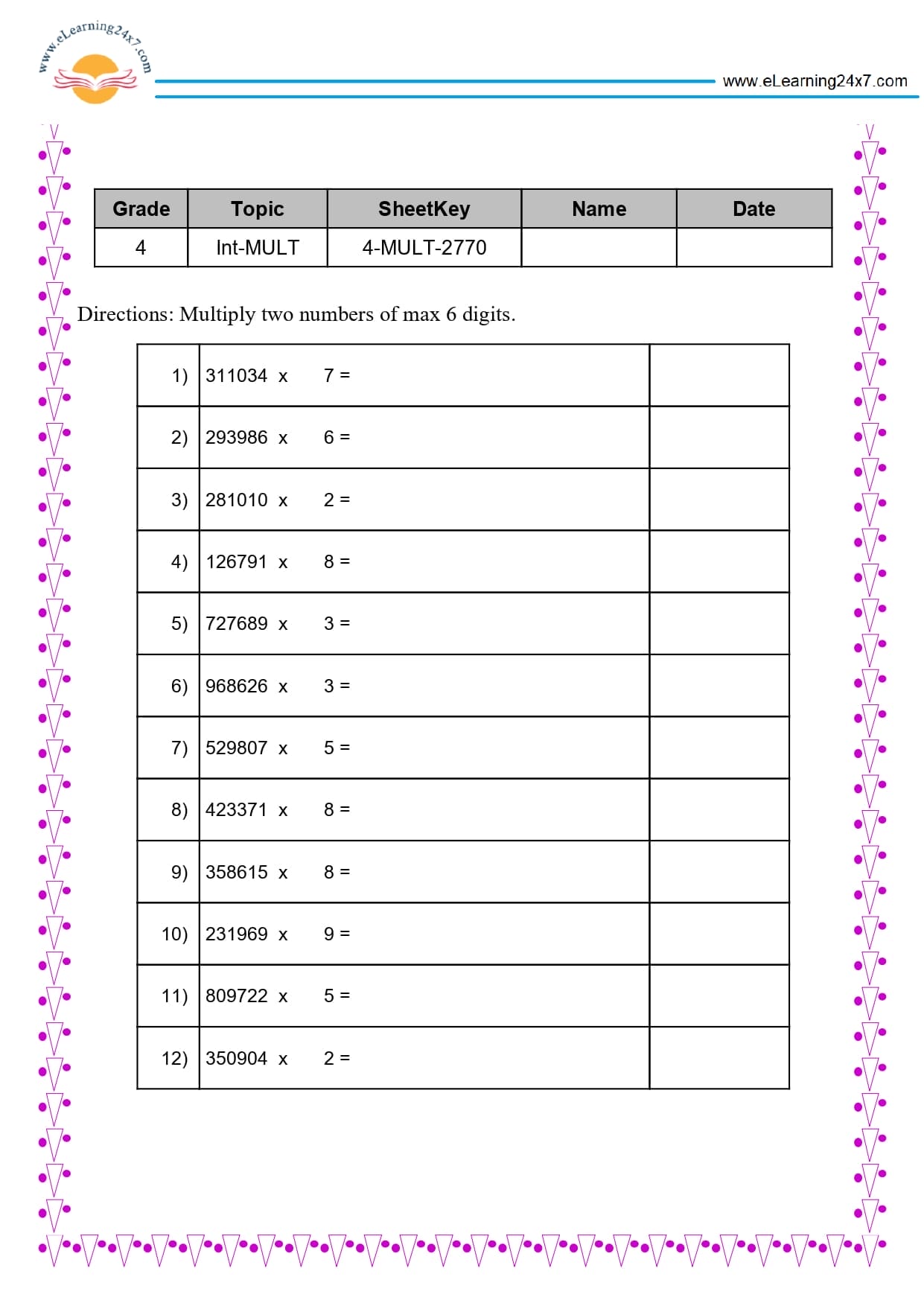 Multiplication Worksheets For Grade 4 - https://eLearning24x7.com