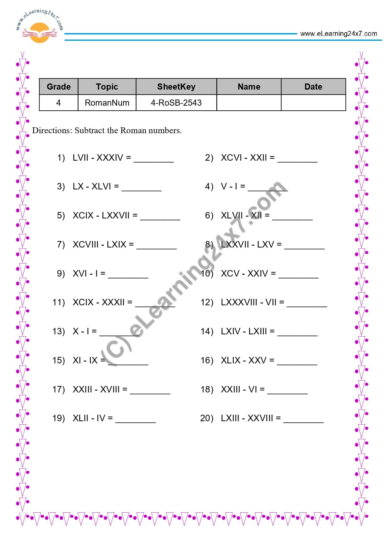 Roman Numbers Worksheets For Grade 4 - https://eLearning24x7.com