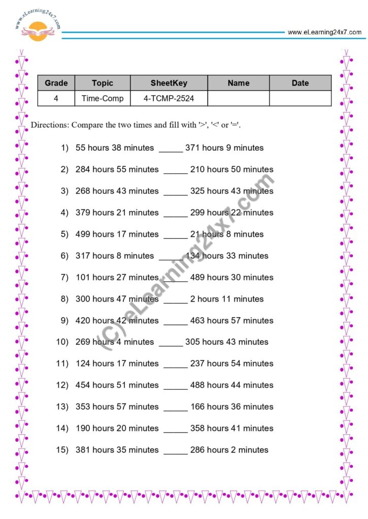 Time Worksheets For Grade 4 - https://eLearning24x7.com