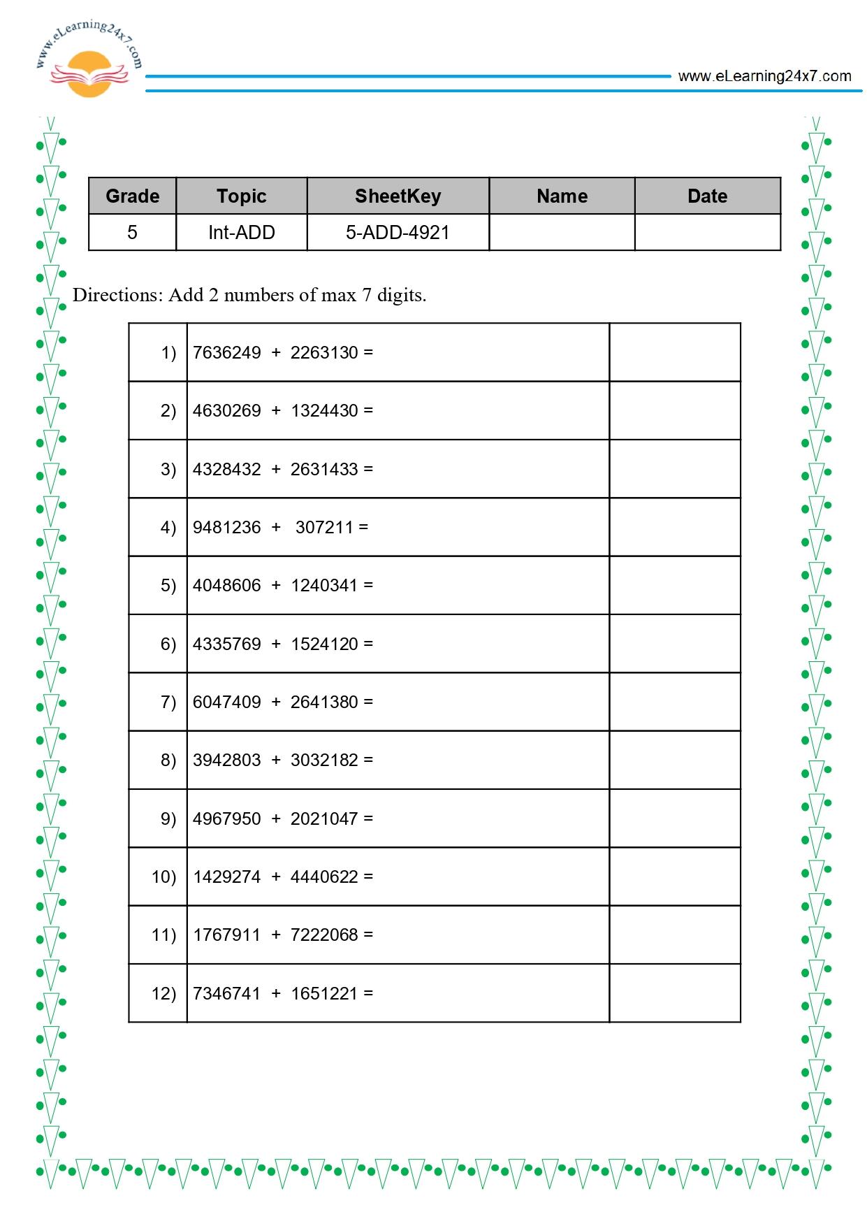 Addition of Two 7-digits Numbers - https://eLearning24x7.com