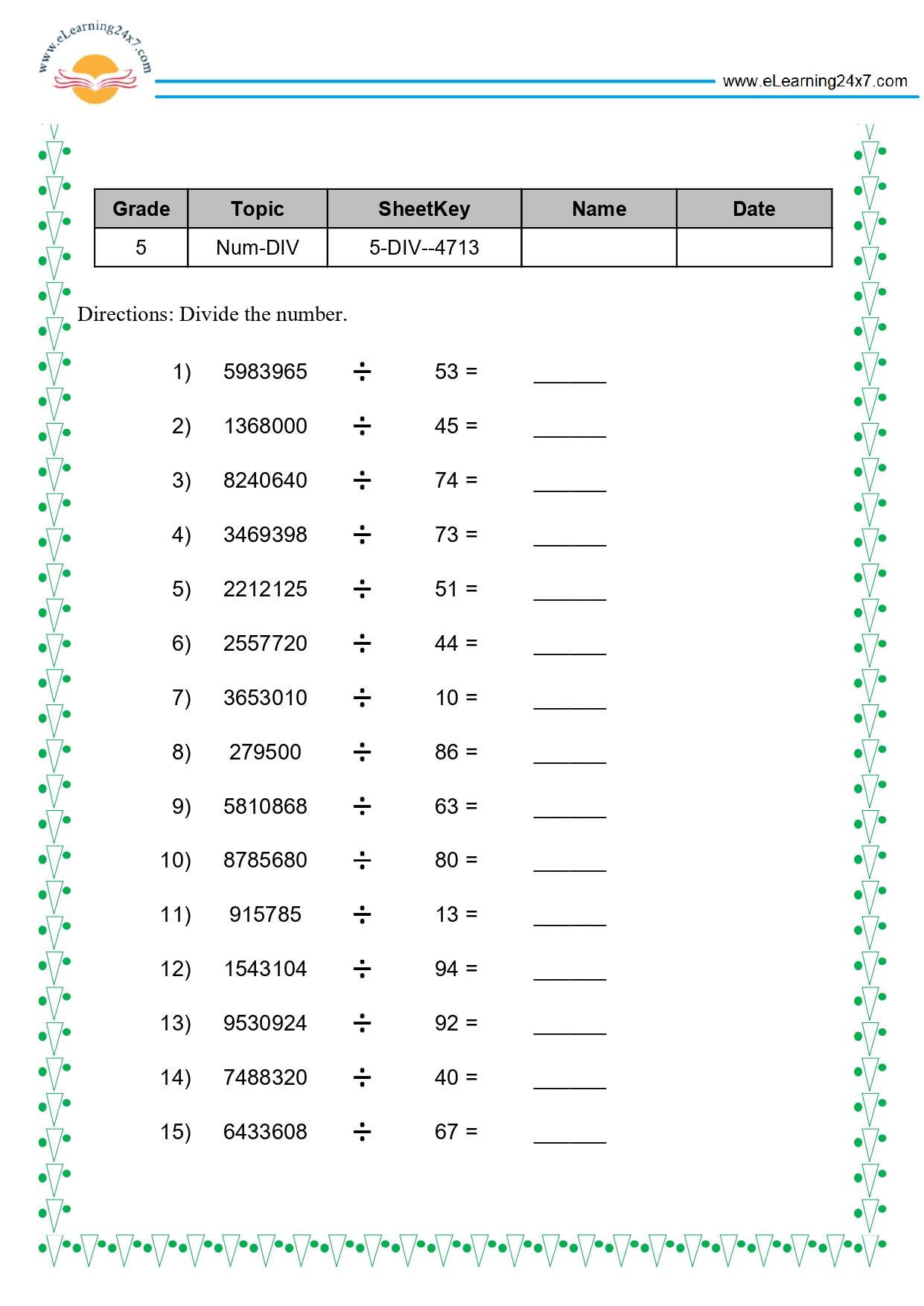 Division Worsheets For Grade 5 - https://eLearning24x7.com