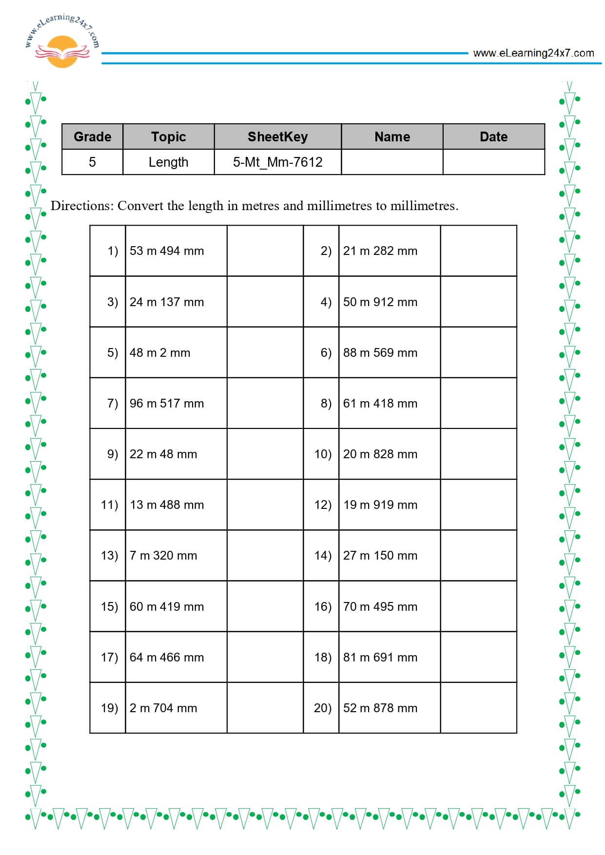 Measurements Worksheets For Grade 5 - https://eLearning24x7.com