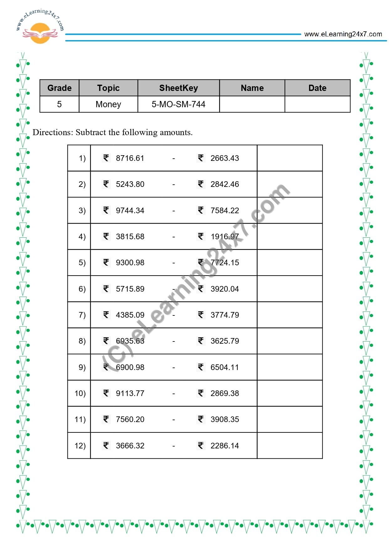 Money Worsheets For Grade 5 - https://eLearning24x7.com
