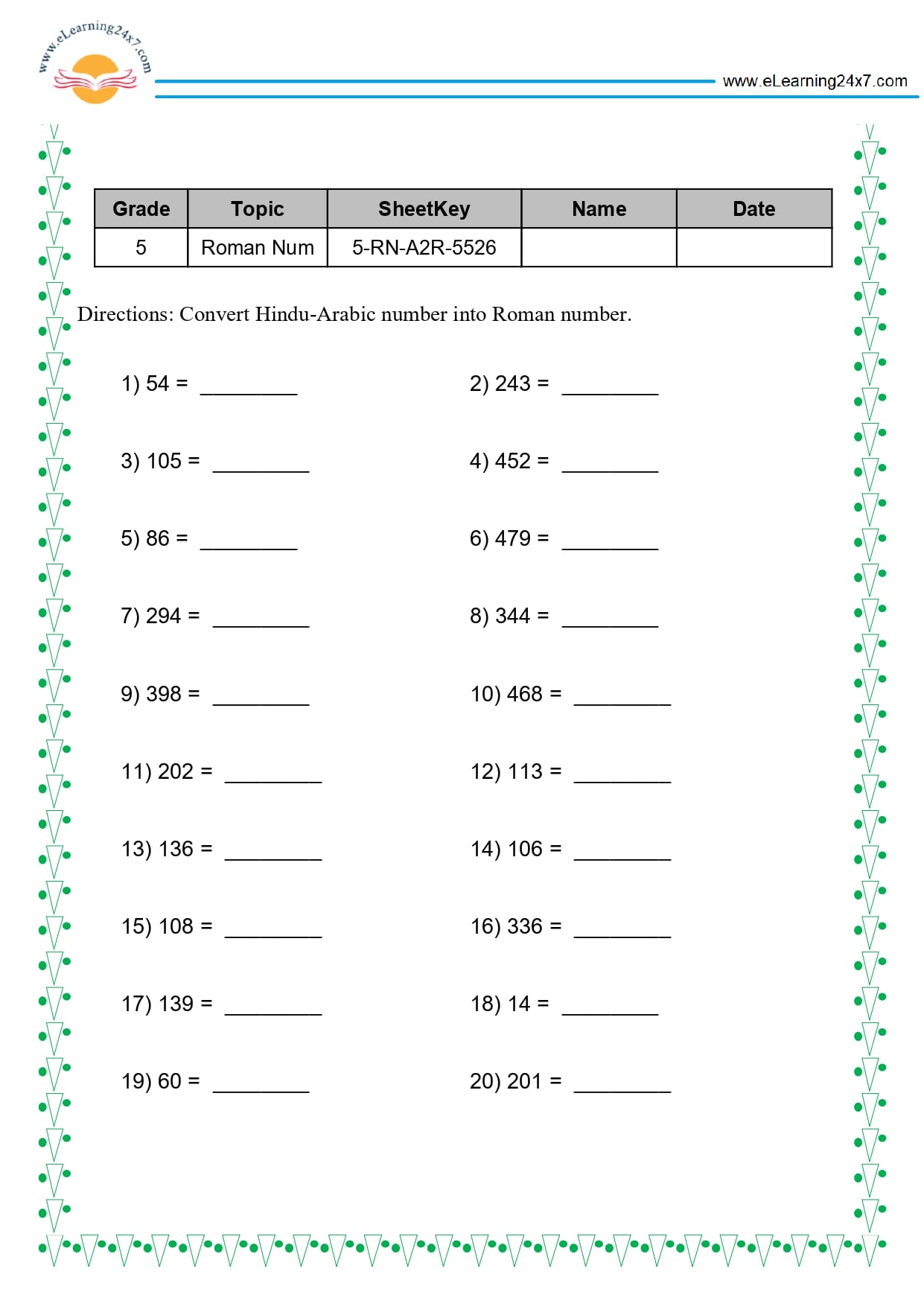 Roman Numerals Worksheets Write The Numbers As Roman Numerals From 1