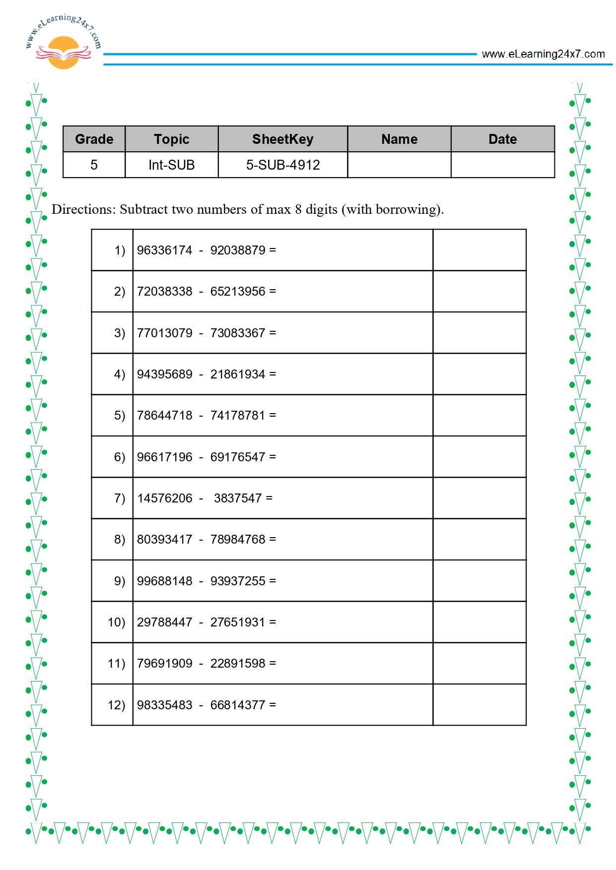Subtraction Worksheets For Grade 5 - https://eLearning24x7.com
