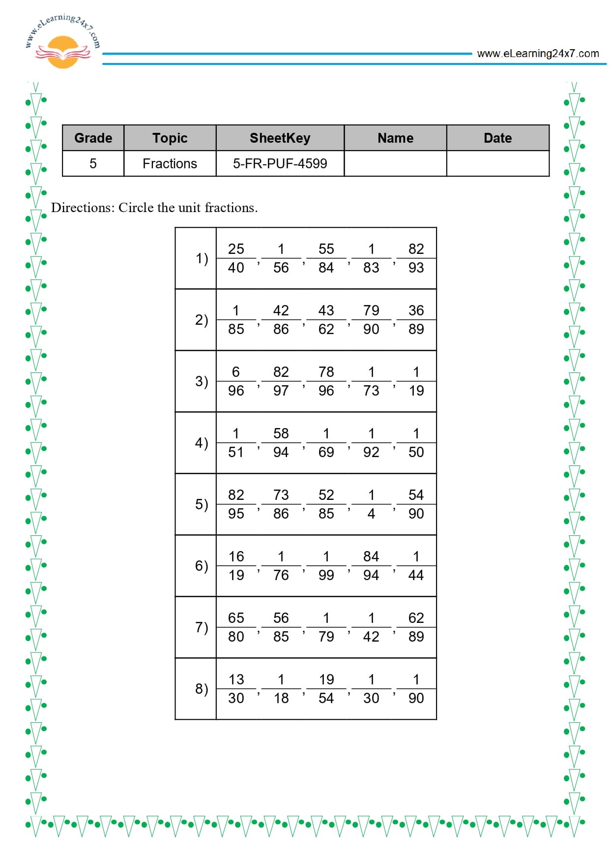 Fractions Worksheets For Grade 5 - www.eLearning24x7.com