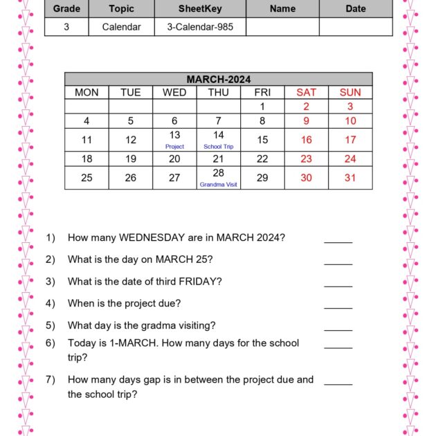 Calendar Worksheets For Grade 3 - https://eLearning24x7.com