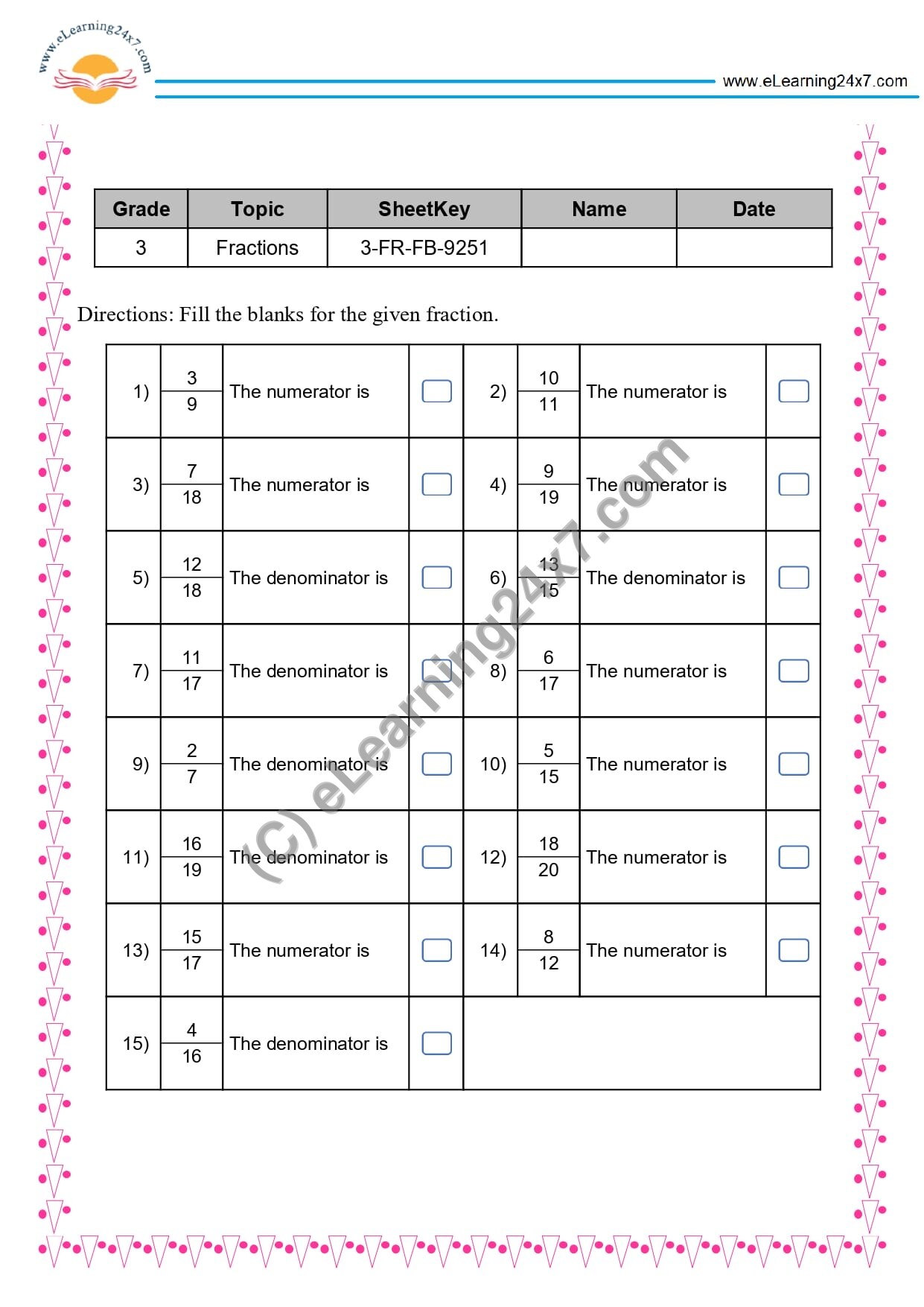 Fractions Worksheets For Grade 3 - www.eLearning24x7.com