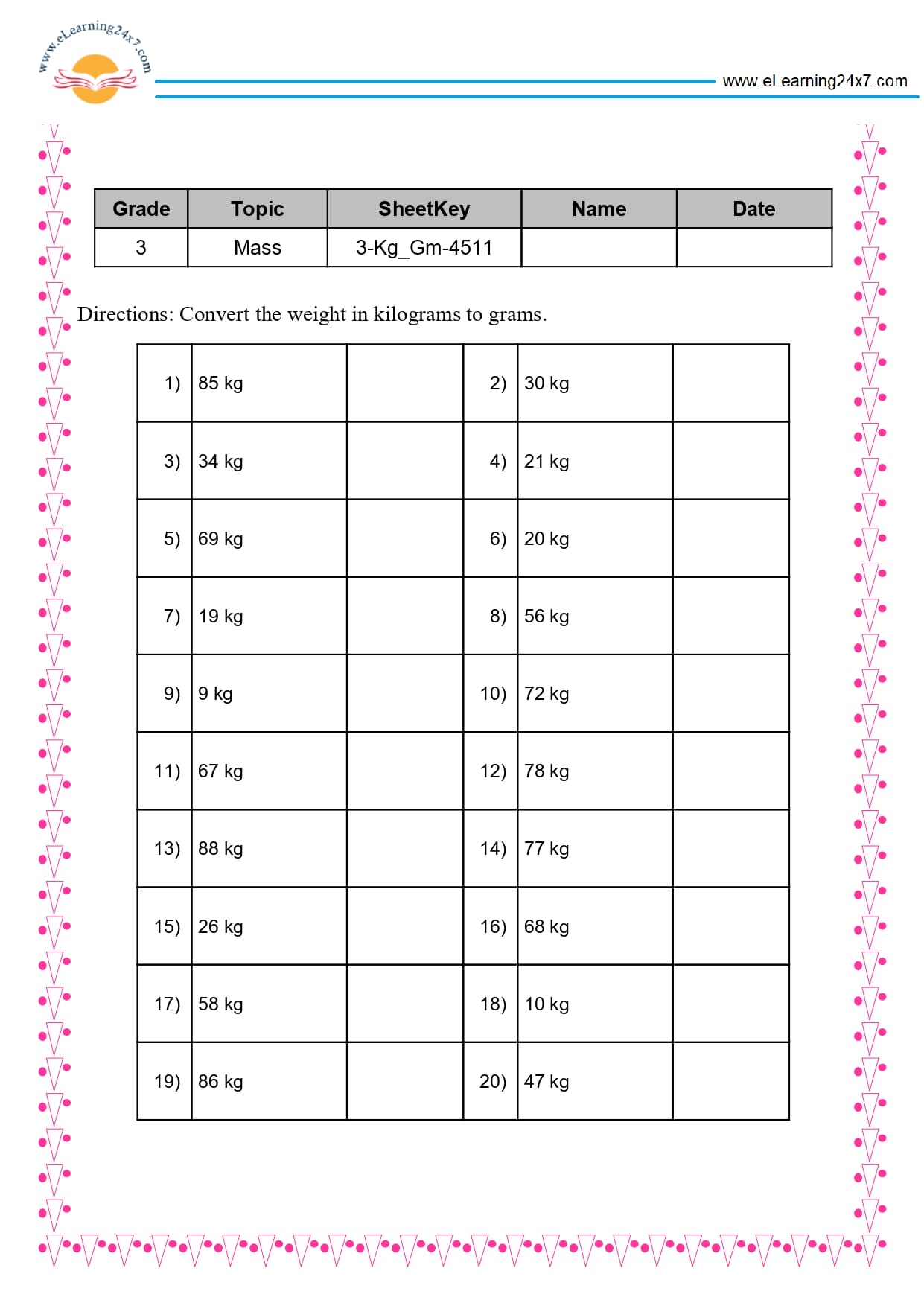 Weight Measurements Worksheets For Grade 3 - www.eLearning24x7.com