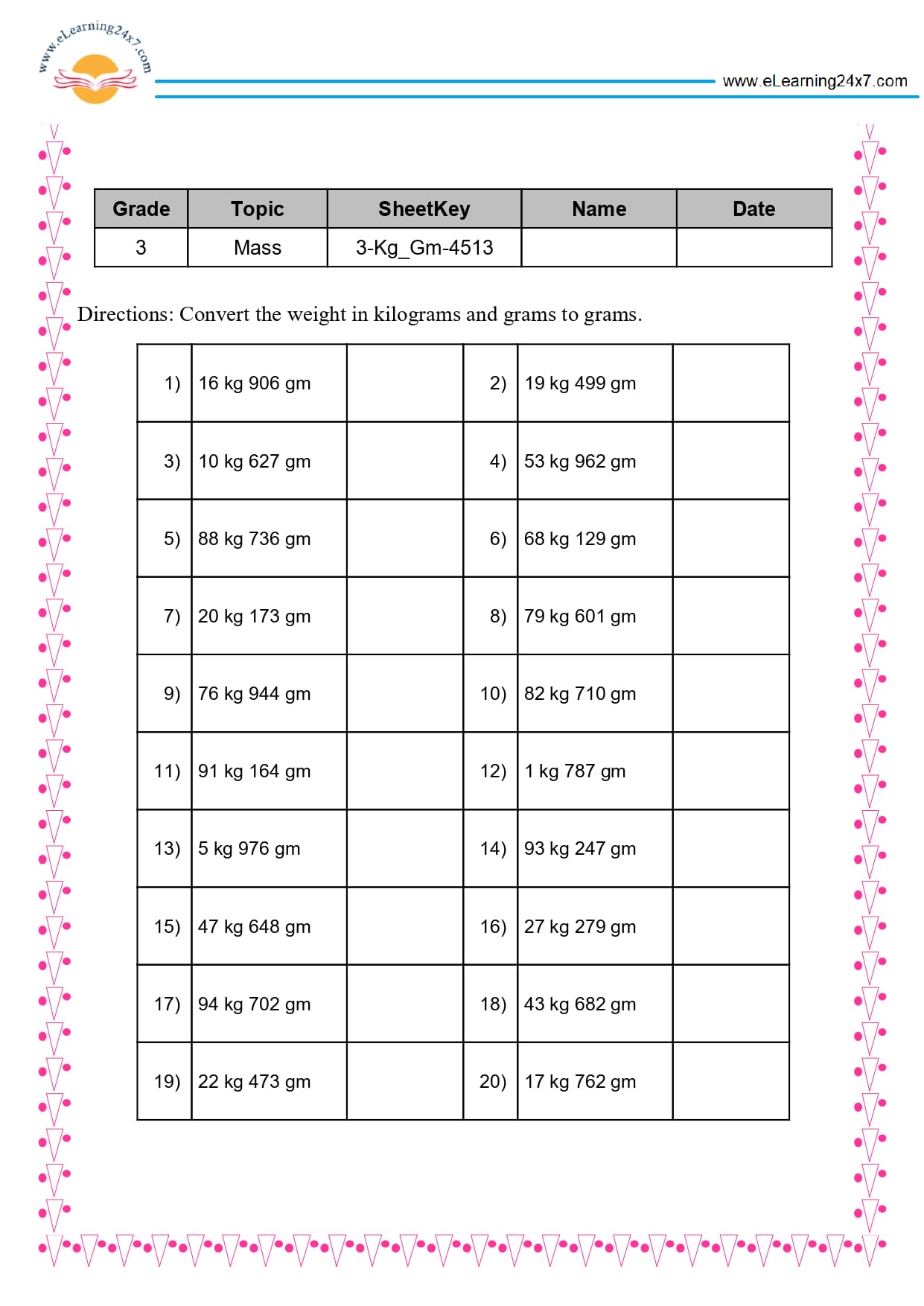 Weight Measurements Worksheets For Grade 3 - www.eLearning24x7.com