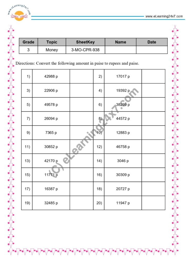 Money Worsheets For Grade 3 - www.eLearning24x7.com