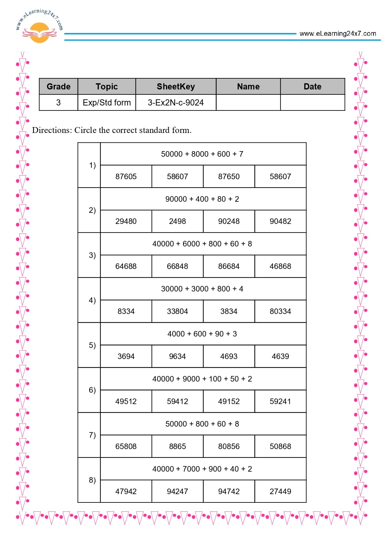 Number System Worksheets For Grade 3 - https://eLearning24x7.com