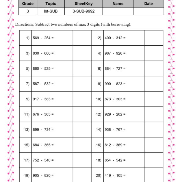 Subtraction Worksheets For Grade 3 - https://eLearning24x7.com