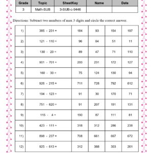 Subtraction Worksheets For Grade 3 - https://eLearning24x7.com
