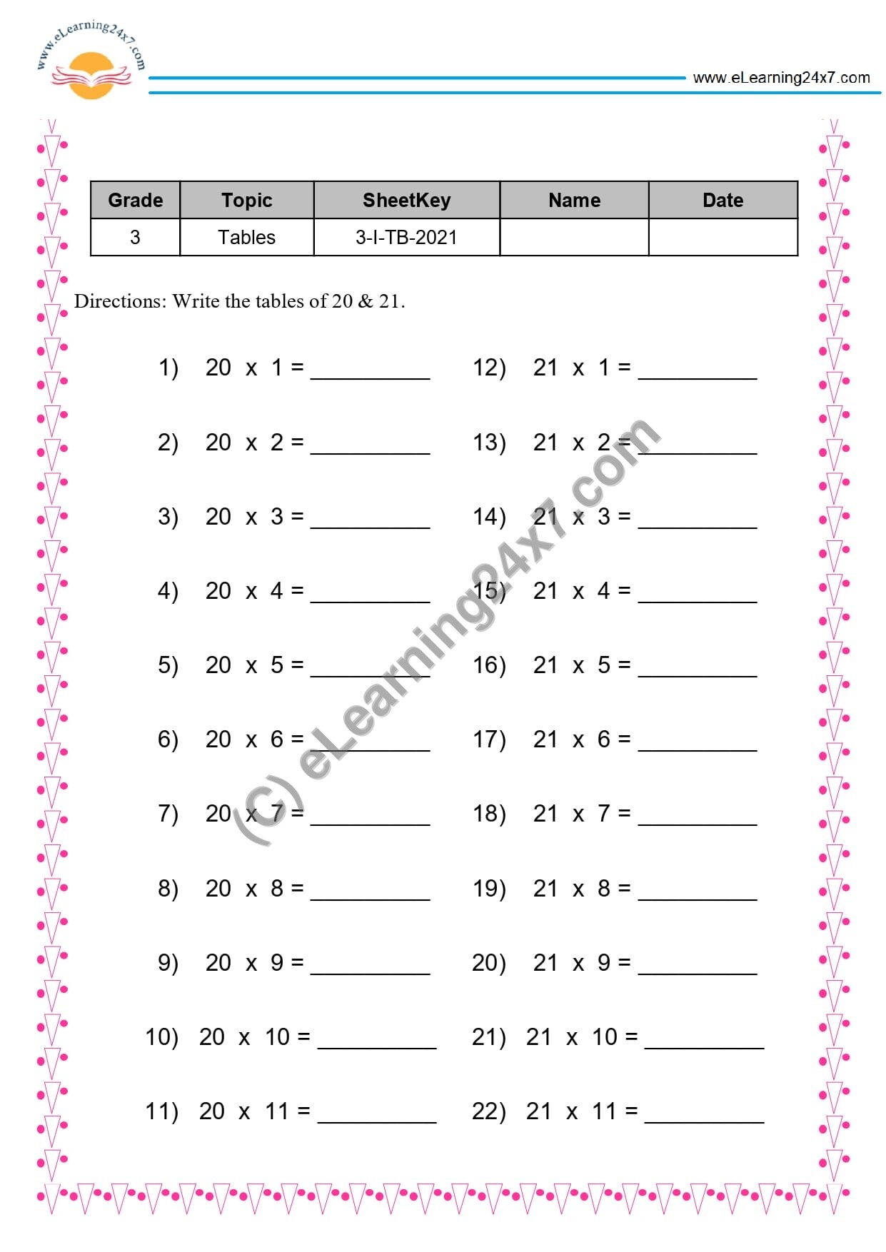 Tables Worksheets For Grade 3 - https://eLearning24x7.com