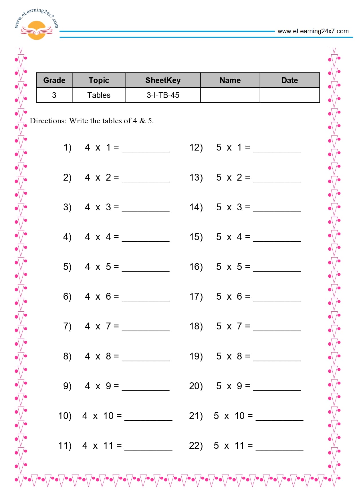 Tables Worksheets For Grade 3 - https://eLearning24x7.com