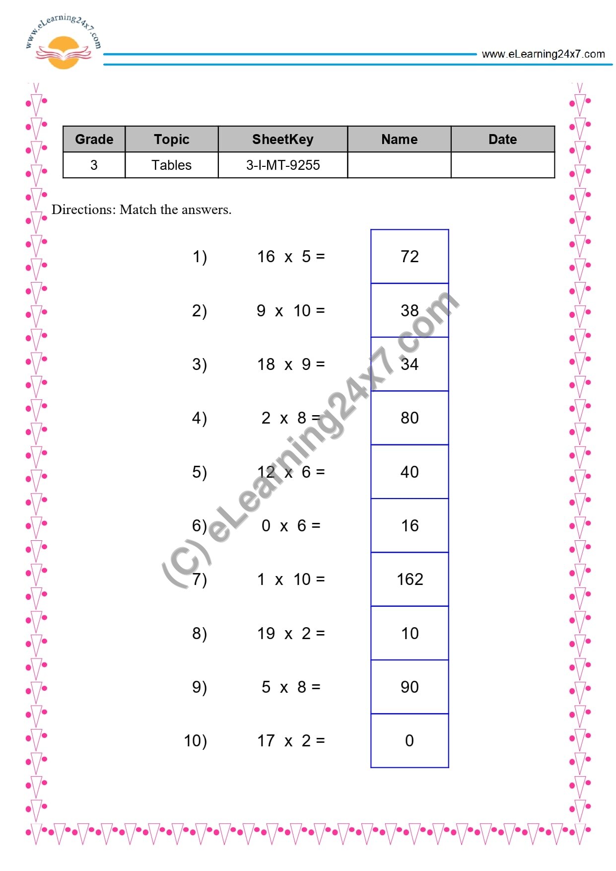 Tables Worksheets For Grade 3 - https://eLearning24x7.com