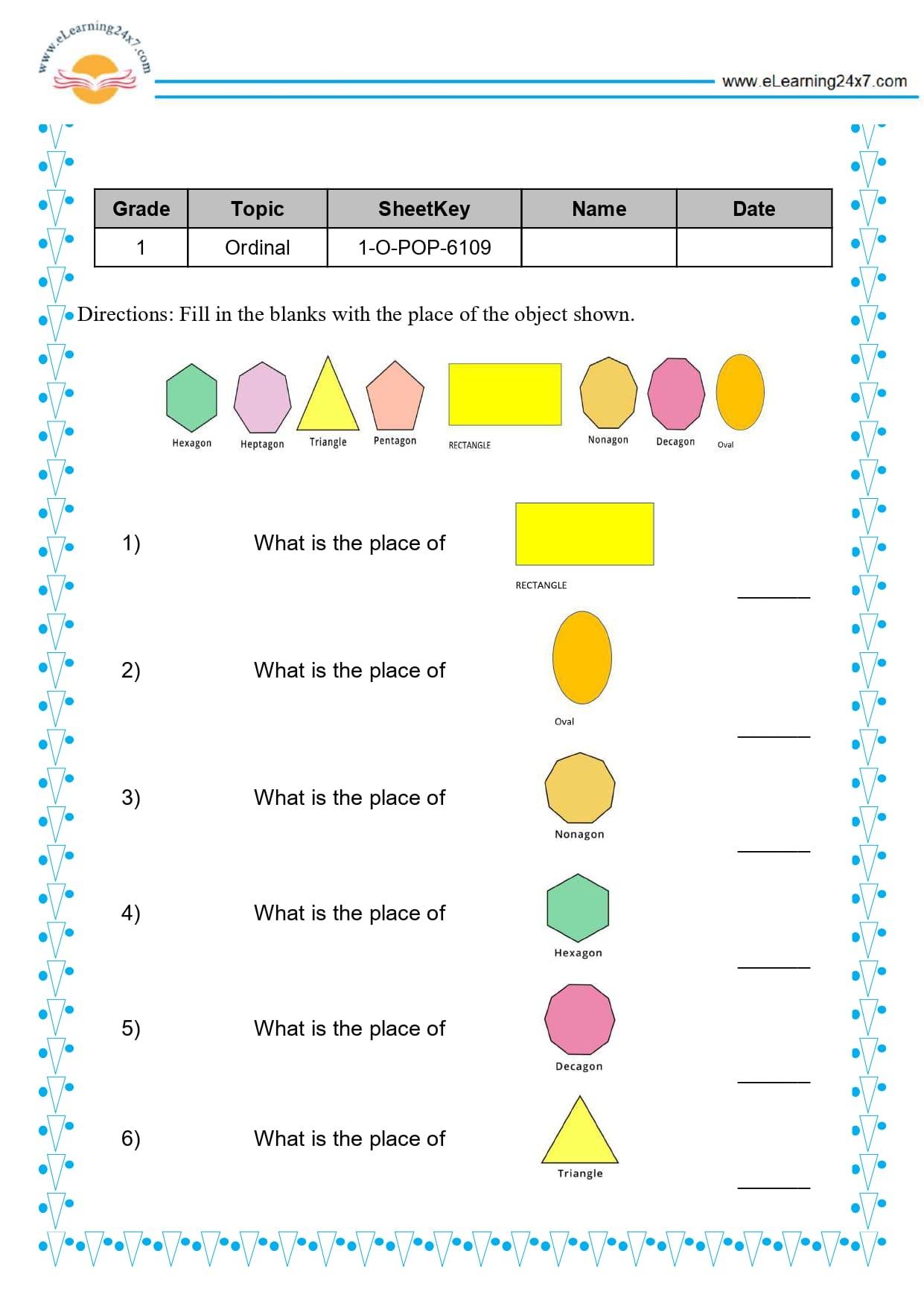 Ordinal Numbers Worksheets For Grade 1 - www.eLearning24x7.com