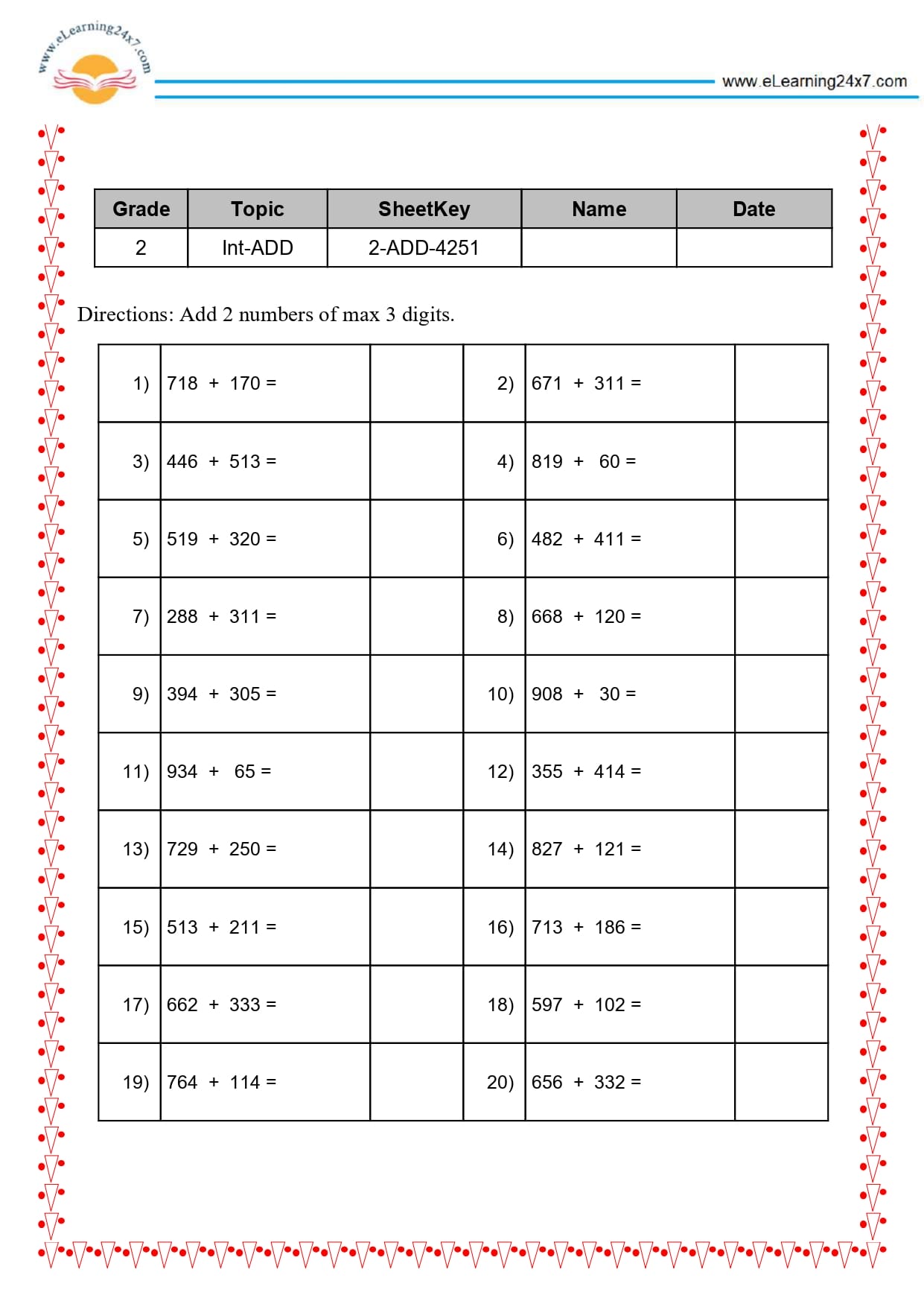 Addition Worksheets For Grade 2 - https://eLearning24x7.com
