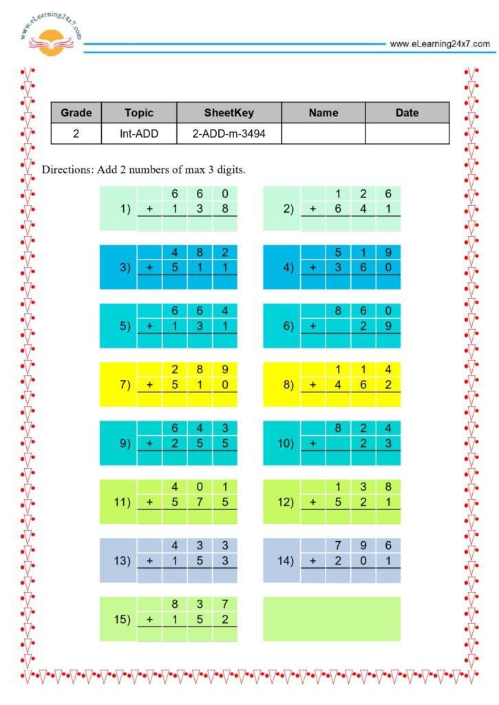 Addition Worksheets For Grade 2 - https://eLearning24x7.com