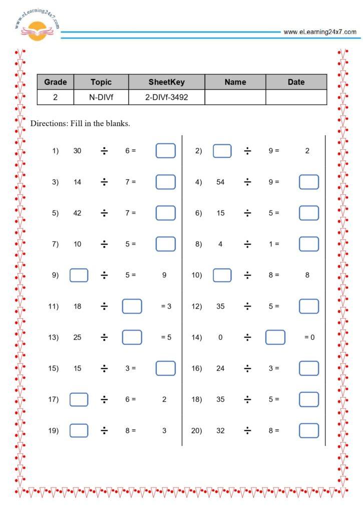 Division Worksheets For Grade 2 - https://eLearning24x7.com