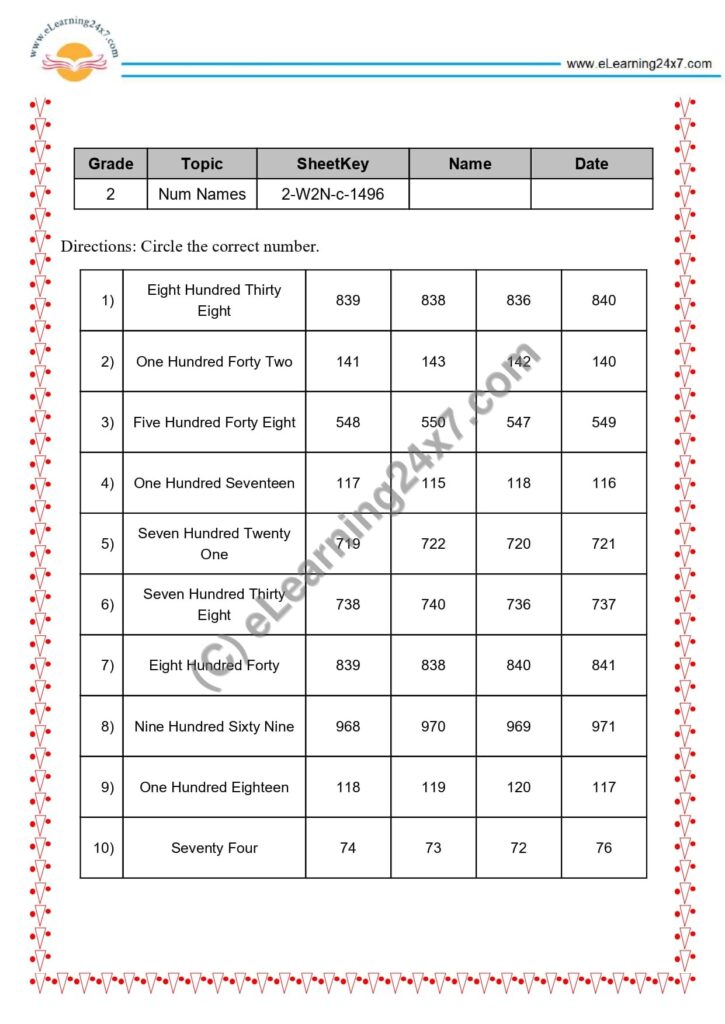 Number System Worksheets For Grade 2 - https://eLearning24x7.com