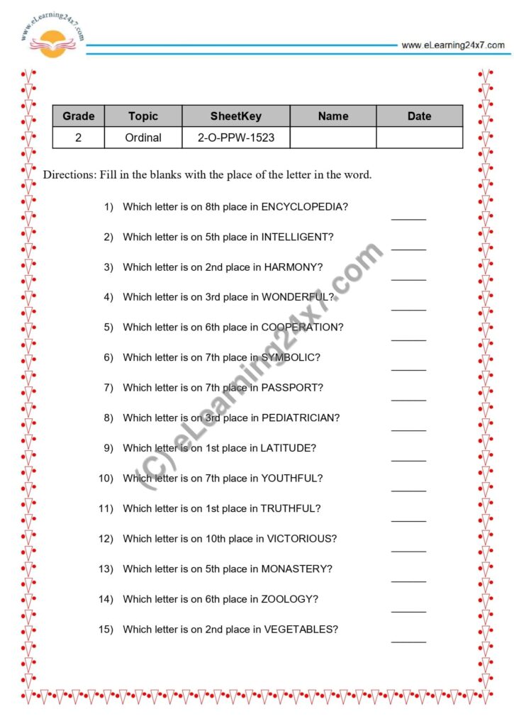 Ordinal Numbers Worksheets For Grade 2 - https://eLearning24x7.com