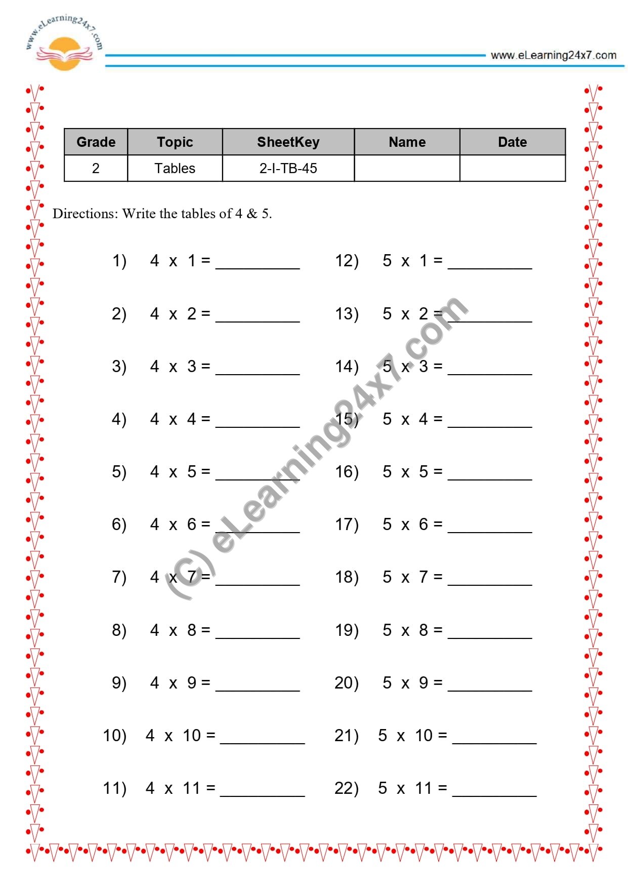 Tables Worksheets For Grade 2 - https://eLearning24x7.com