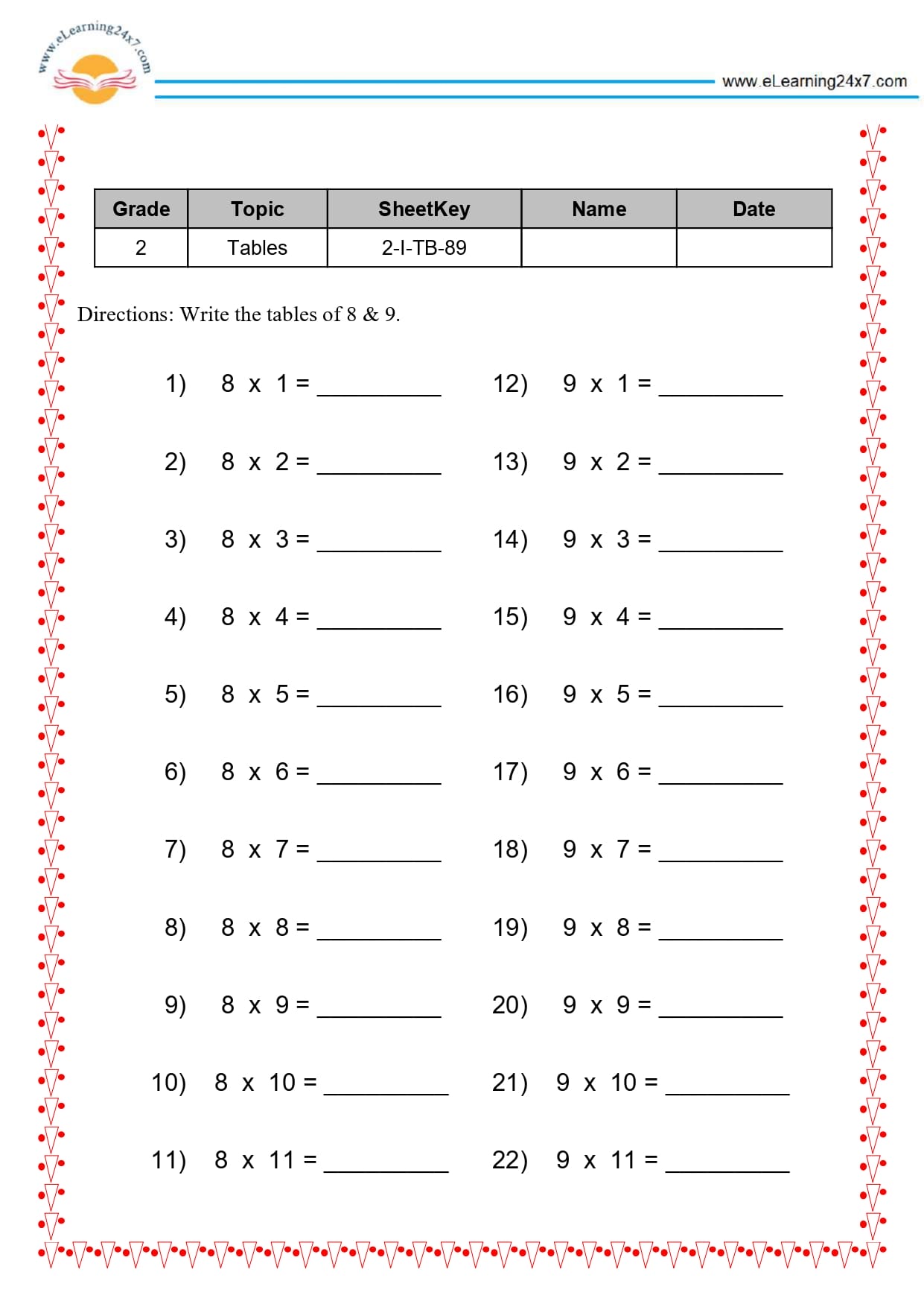 Tables Worksheets For Grade 2 - https://eLearning24x7.com