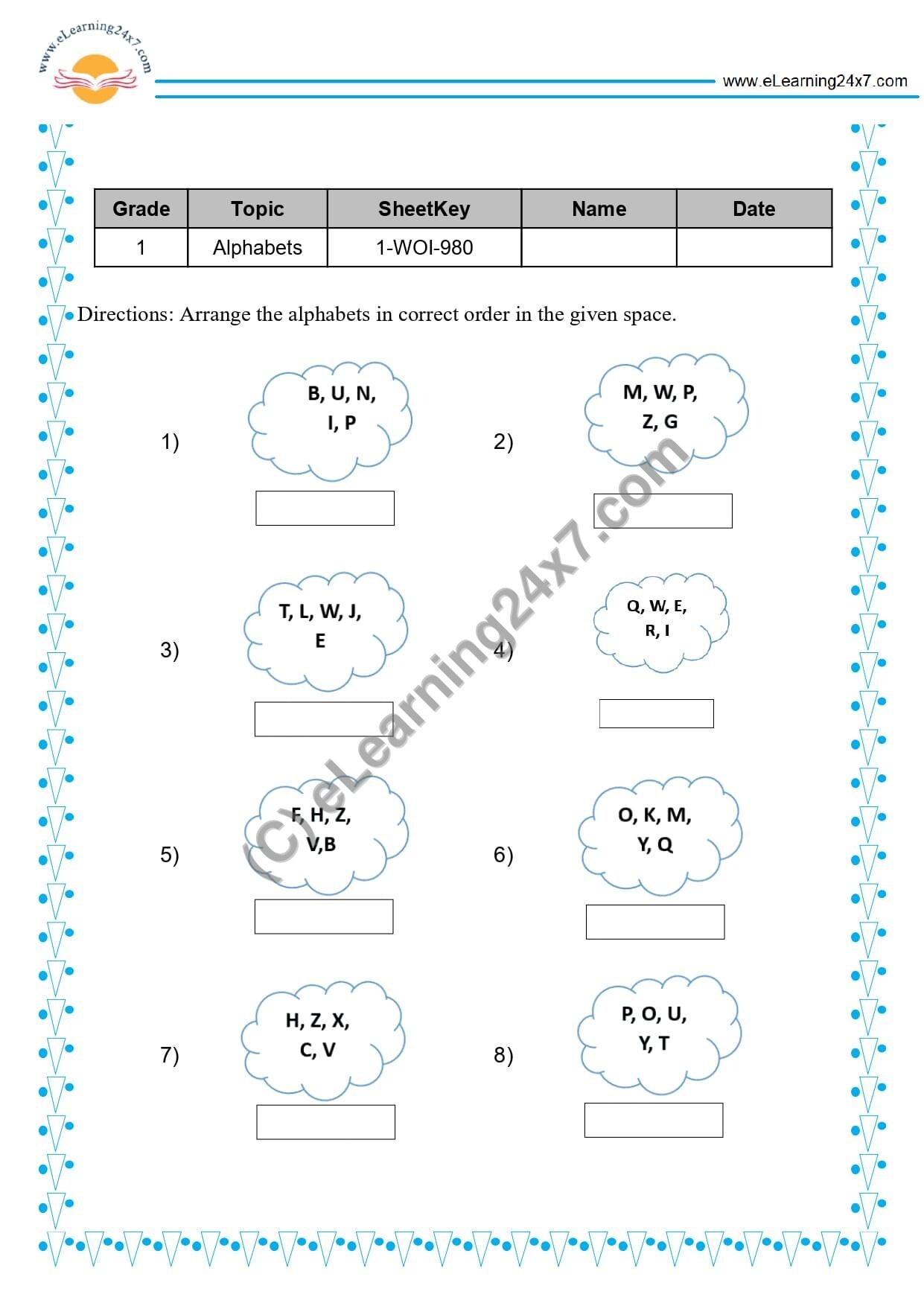 Alphabets Worksheets For Grade 1 - www.eLearning24x7.com
