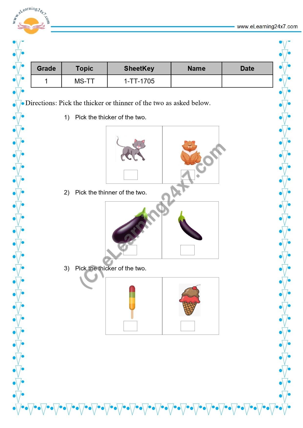 Measurement Worksheets For Grade 1 - www.eLearning24x7.com